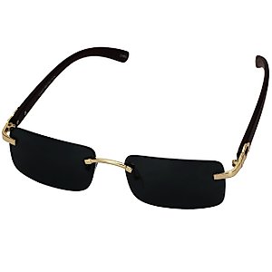 Elite Slim Rimless Rectangular Metal & Wood Art Aviator Sunglasses (Black)