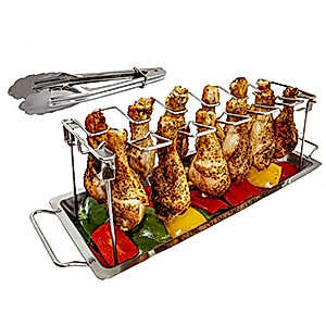 Chicken Leg Rack for Grill, Smoker or Oven; Great for Chicken Legs, Wings, or Drumsticks; Stainless Steel; Non-Toxic Drumstick Holder; Comes in a Box with Grill Drip Pan for Vegetables and Grill Tongs