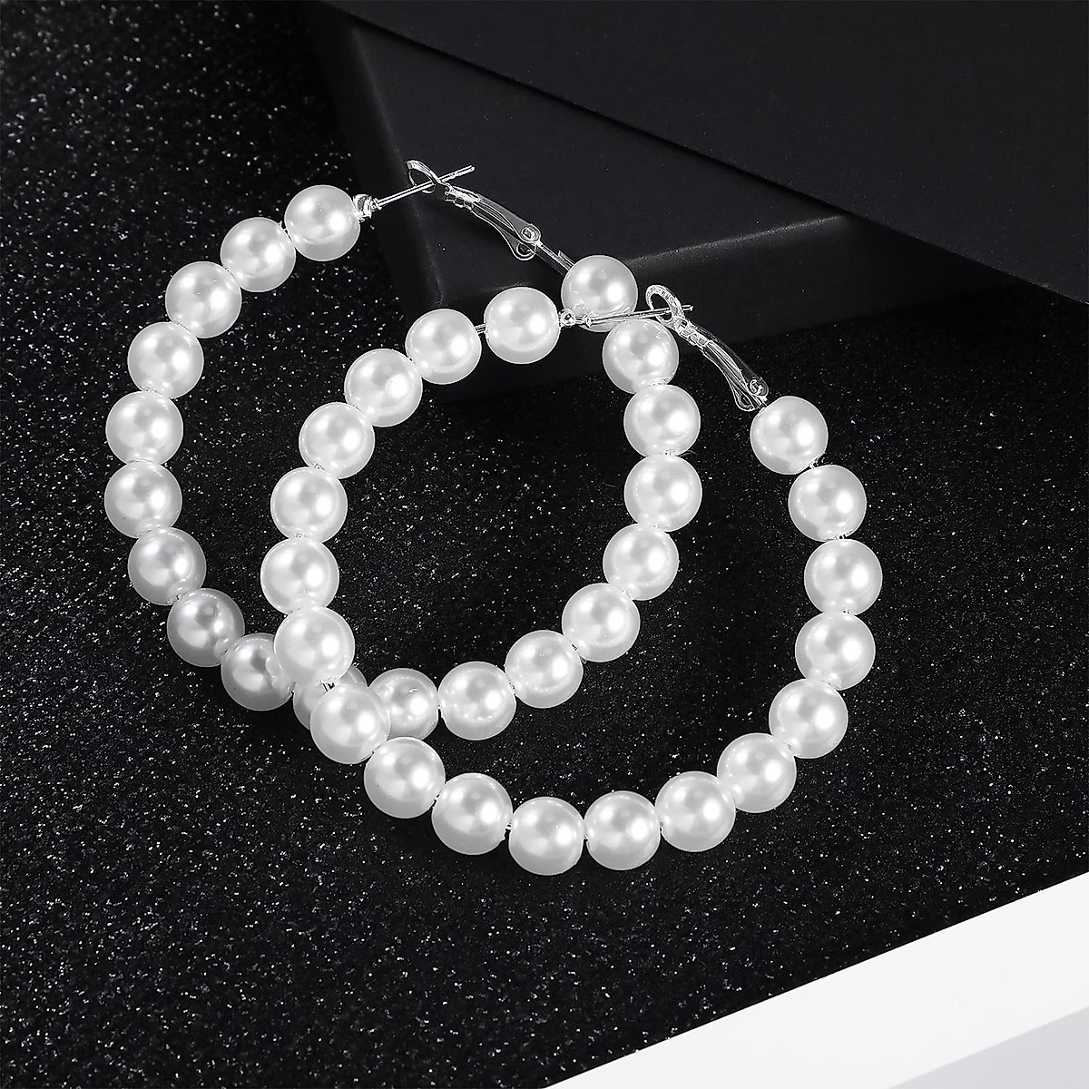 1950s Pearl Hoop Earrings White Pearl Earrings Drop Dangle Earrings for Women Bridal Presents (Silver Earpins,2.16 Inch)