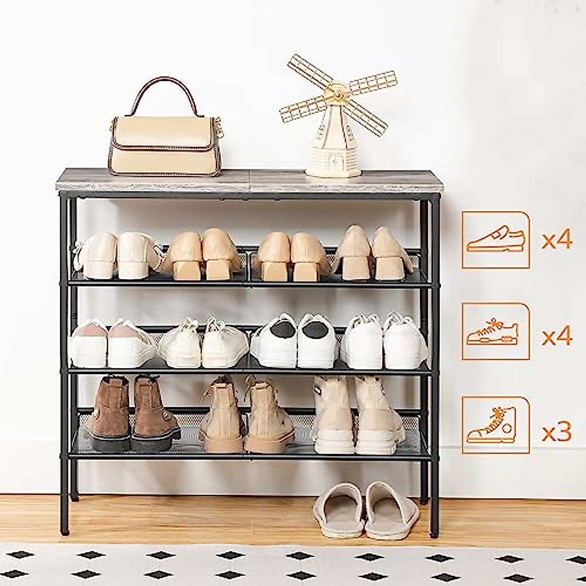 HOOBRO Shoe Rack, 4-Tier Shoe Rack, Shoe Shelf for Entryway, Closet, Holds 12-15 Pairs of Shoes, Shoe Storage Organizer with 3 Metal Mesh Shelves, Solid and Stable, Industrial, Greige BG42XJ01