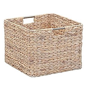 Household Essentials, White Wash Square Wicker Basket, Hyacinth Cube with Stainless Steel Handles, Intricate and Durable Weave, Sturdy Metal Frame