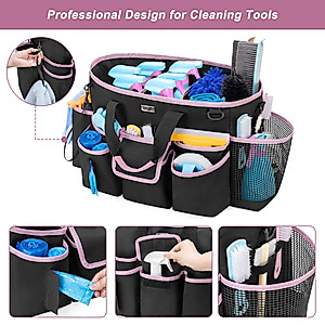 LoDrid Cleaning Caddy Bag with Handle and Shoulder Strap, Cleaning Supplies Organizer for Cleaning Work with 3 Compartments and Multifunctional Pockets, Black with Pink Edge