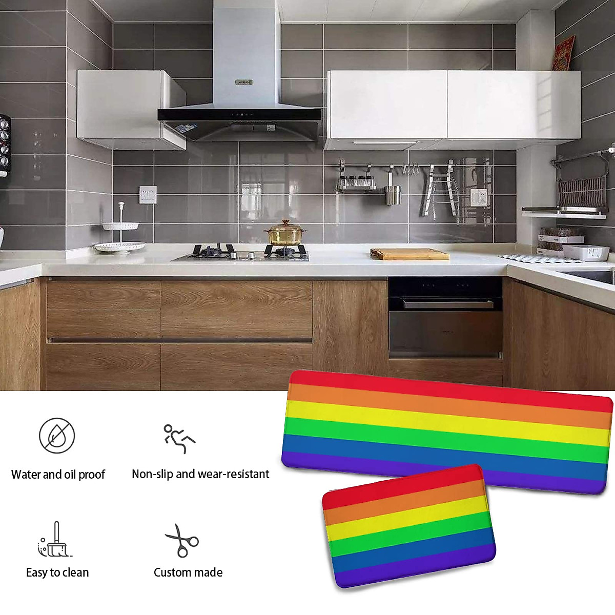 YouTary Gay Pride LGBT Rainbow Flag Pattern Kitchen Rug Set 2 PCS Floor Mats Washable Non-Slip Soft Flannel Runner Rug Doormat Carpet for Kitchen Bathroom Laundry
