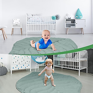 Funtery Baby Play Mat 56 x 42 Inch Cotton Crawling Cushion Cotton Nursery Rug Large Thick Soft Reversible Washable Folding Floor Playpen Mat Nursery Decor Rug for Girls Boys(Green,Leaf)