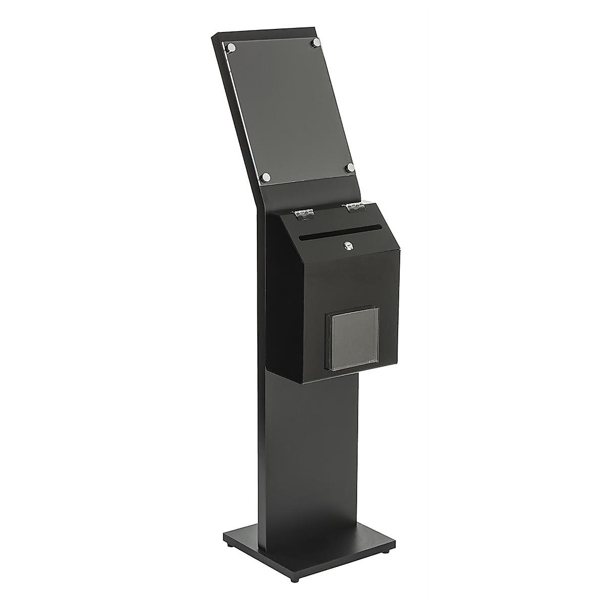 Displays2go Locking Donation Station, Ballot Box with 8.5 x 11-Inch Sign Holder Kiosk (Black) (SSB811BKBK)