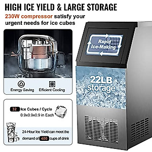 Happybuy Commercial Ice Maker Machine, 100 lbs/24h Stainless Steel Under Counter Ice Maker with 22lbs Storage Bin, 4x8 Cubes Ready in 15 Mins, Water Filter & Scoop Included, for Bar Office Coffee Shop