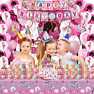 Pink Birthday Party Supplies, 60 Pcs Barbii Birthday Party Decorations Include Banners, Cake Topper,Cupcake Topper,Latex Balloon,Backdrop, Tablewares, Temporary Tattoo Stickers for Girls