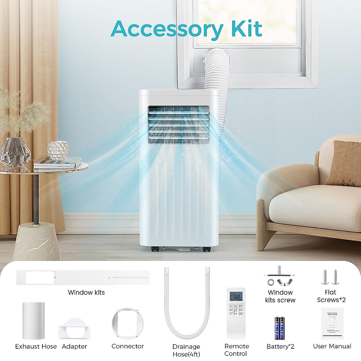 COWSAR 8,000 BTU Portable Air Conditioners with Remote, Portable AC Unit Cools Up to 350 Sq.Ft, Built-in Cool, Dehumidifier, Fan, Sleep Modes, Room Air Conditioners with LED Display/Swivel Wheels