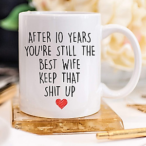 YouNique Designs 10 Year Anniversary Coffee Mug for Her, 11 Ounces, 10 Year Anniversary Mugs for Wife Her Couples, 10th Wedding Anniversary Cup for Wife, Ten Years Tin, Tenth Year, 10th Year