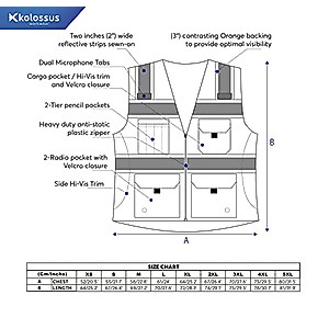 Kolossus High Visibility Mens Safety Vest APPAREL With Front Pockets, Silver Orange Reflective Tape, Bottom Class 2 ANSI/ISEA Black, Large