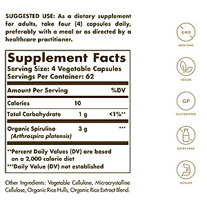 Solgar Spirulina 750 mg, 250 Vegetable Capsules - Plant Plankton - Overall Well-Being - Immune Support - Super-Green - Non-GMO, Vegan, Gluten Free, Dairy Free, Kosher - 62 Servings