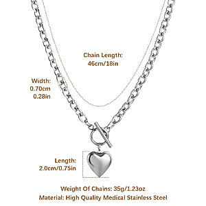 HZMAN Women Stainless Steel Heart Pendant Chunky Cuban Chain Link Toggle Clasp Necklace