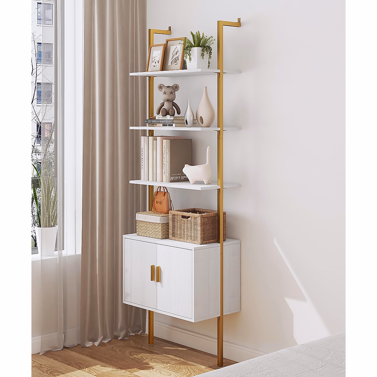 Yusong 73" Tall Bookshelf with Cabinet, Industrial Ladder Wall Mount Shelf Bookcase with Wood and Metal Frame, Plant Shelf Wall Storage Display for Living Room Bedroom, White Gold