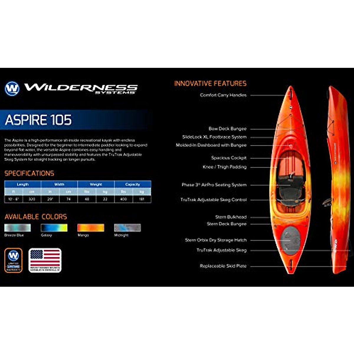 Wilderness Systems Aspire 105 | Sit Inside Recreational Kayak | Adjustable Skeg - Phase 3 Air Pro Seating | 10' 6" | Midnight