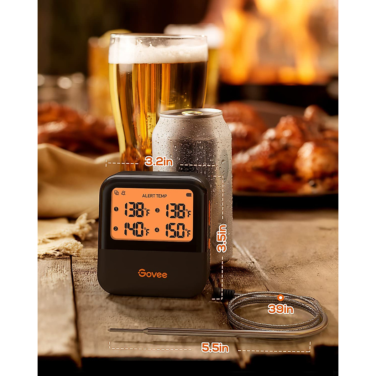 Govee Wireless Meat Thermometer, Bluetooth Meat Thermometer for Smoker Oven, Digital Grill Thermometer with 4 Probes, Remote App Timer Mode, Smart BBQ Thermometer for Cooking Turkey Fish Beef