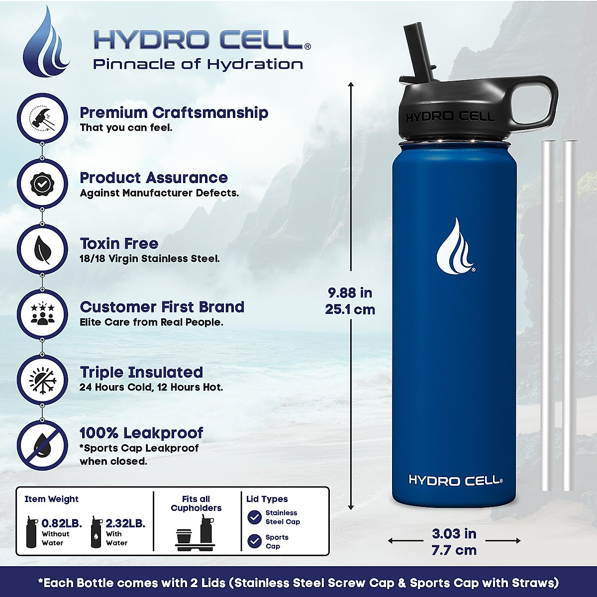 HYDRO CELL Stainless Steel Insulated Water Bottle with Straw - For Cold & Hot Drinks - Metal Vacuum Flask with Screw Cap and Modern Leakproof Sport Thermos for Kids & Adults (Navy 24oz)