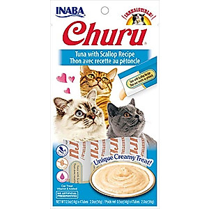 INABA Churu Lickable Purée Natural Cat Treats (Tuna with Scallop Recipe, 4 Tubes)