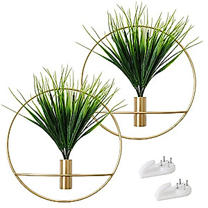 SAJANDAS Set of 2 Artificial Plants with Gold Metal Round Hanging Hoop for Wall Decor, Wall-Mounted Green Fake Plants in Metal Hoop for Modern Home Decor, Gold Wall Decor for Bedroom, Living Room
