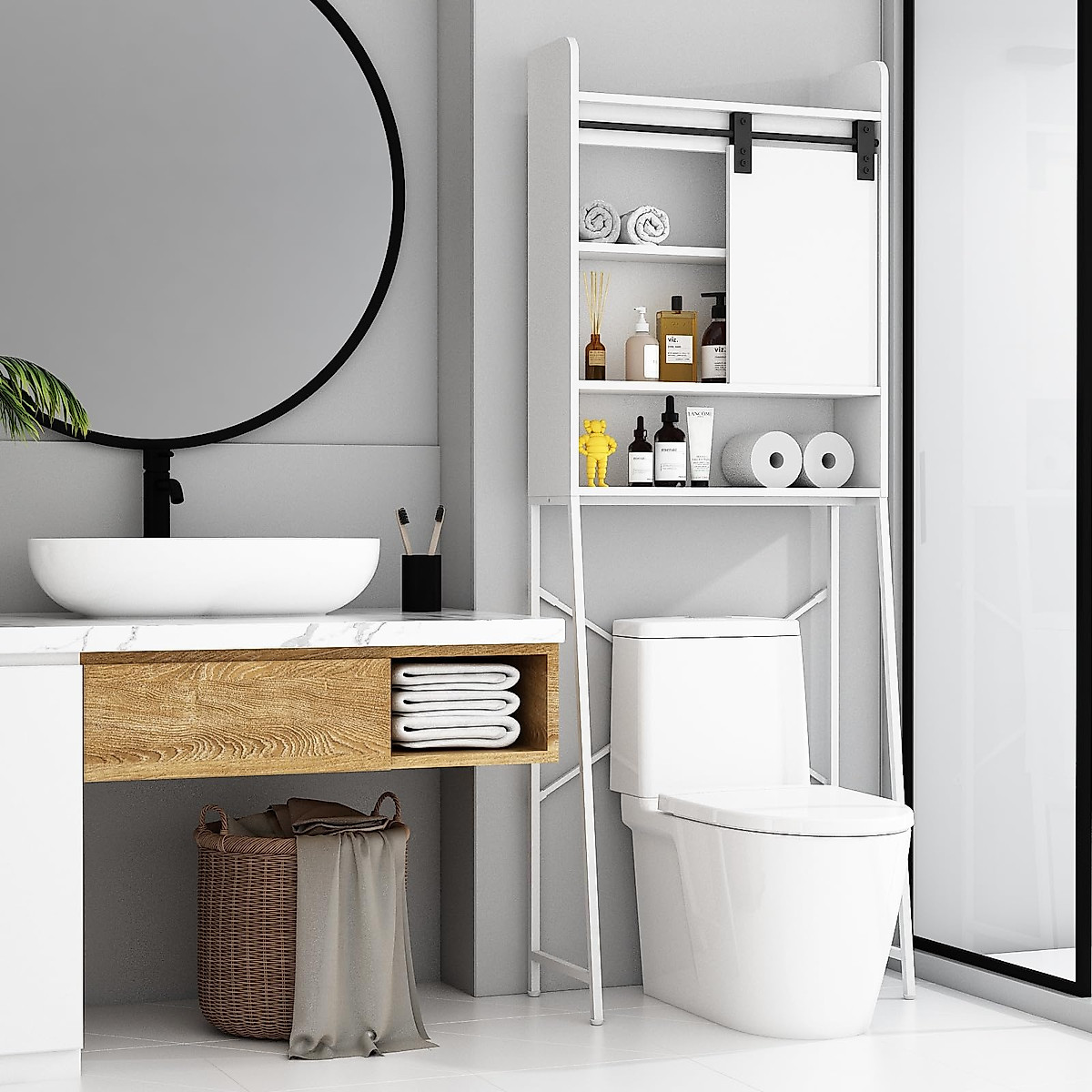 Liggue Over The Toilet Storage Cabinet,3-Tier Above Toilet Storage Cabinet,Bathroom Storage Cabinet Over Toilet with Sliding Barn Door for Bathroom, Restroom, Laundry