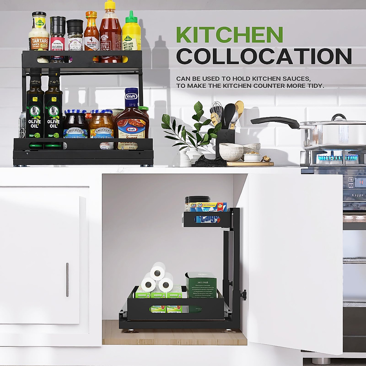 Slow Slog Under Sink Organizers and Storage, 2-Tier Sliding Under Sink Organizer, Under Cabinet Storage, Multi-Purpose Slide Out Sink Shelf, Under the Sink Organizer for Bathroom, Kitchen (Black)