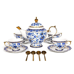 ACMLIFE Bone China Tea Set, 13-Piece Blue and White Tea Sets for Adults, Vintage Tea Sets for Women Tea Party or Gift Giving