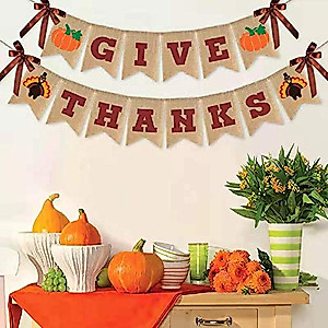 Give Thanks Burlap Banner, Thanksgiving Banner Burlap, Thanksgiving Decorations, Reusable Pre-Strung Thanksgiving Decoration for Thanksgiving Party Supplies Fireplace Mantle Home Decor