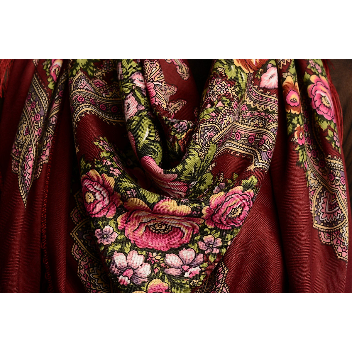 LissKiss Burgundy Plyaski Slavonic Russian Folk Style Shawl - Scarf