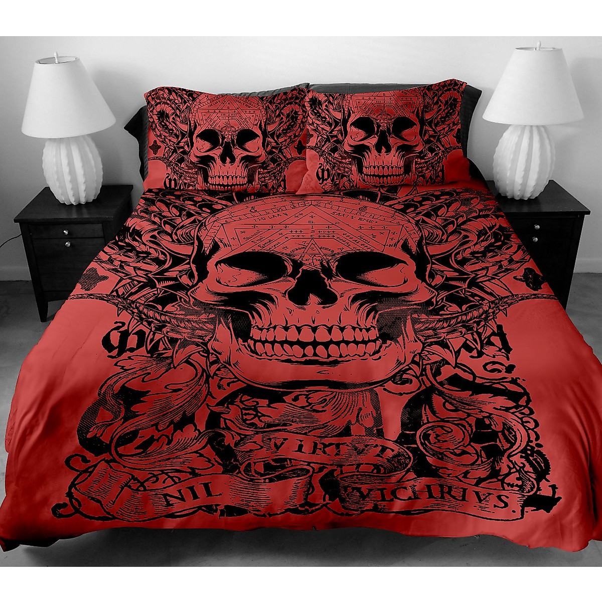 YSJANDFM Anole 3 Pcs Soft Luxury Youth 100% Polyester Shell Fully Reversible 3-Piece Modern Flower Skull Duvet Cover Set Queen Size Red No Comforter (Queen 3pcs)