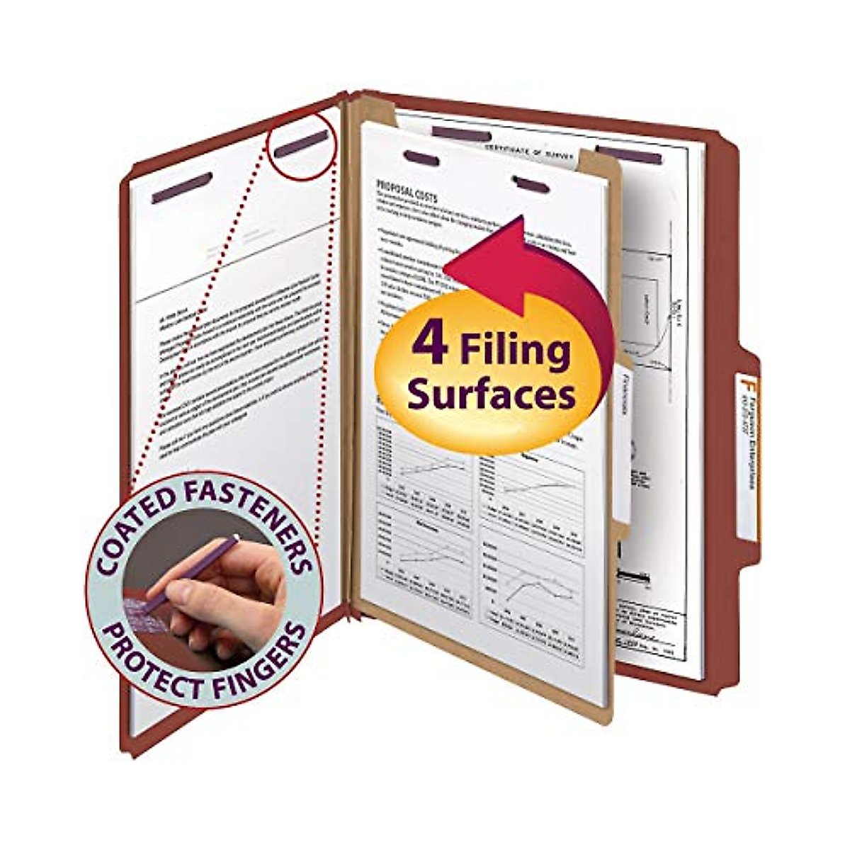 Smead Pressboard Classification File Folder with SafeSHIELD Fasteners, 1 Divider, 2" Expansion, Letter Size, Red, 10 per Box (13775)