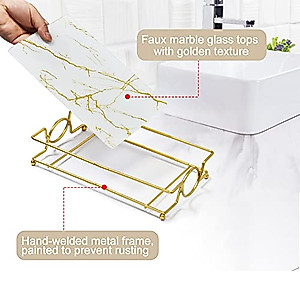 MYITYARD Vanity Tray, Bathroom Countertop Decorative Perfume Tray, Metal and Glass Tray for Jewelry, Makeup, Votive Candle Storage Organizer, 10.6" x 6.3", Gold