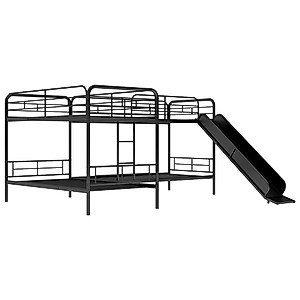 Quad Bunk Bed with Slide, L Shaped Bunk Bed for 4, Twin over Twin Metal Bunk Frame for Kids Teens Girls Boys (Black)
