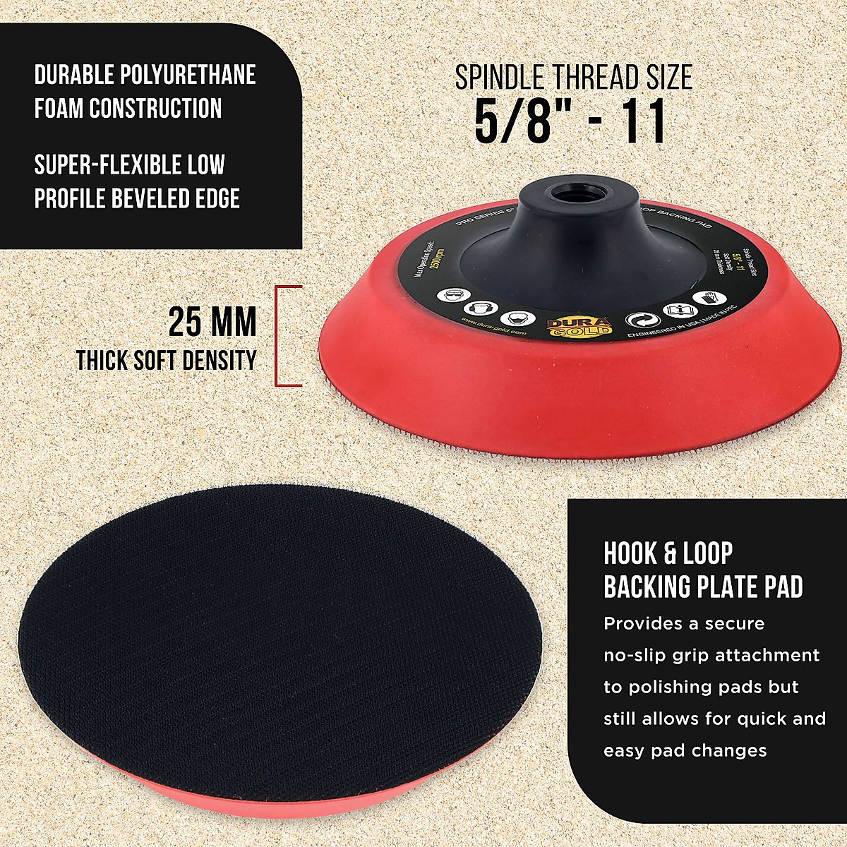 Dura-Gold Pro Series 6" Super Soft Flexible Edge Polishing Buffing Hook and Loop Backing Pad, 5/8" - 11 Threads - Rotary Polisher Buffer Backup Pad, Attach Foam Wool Buff Pads Automotive Car Detailing