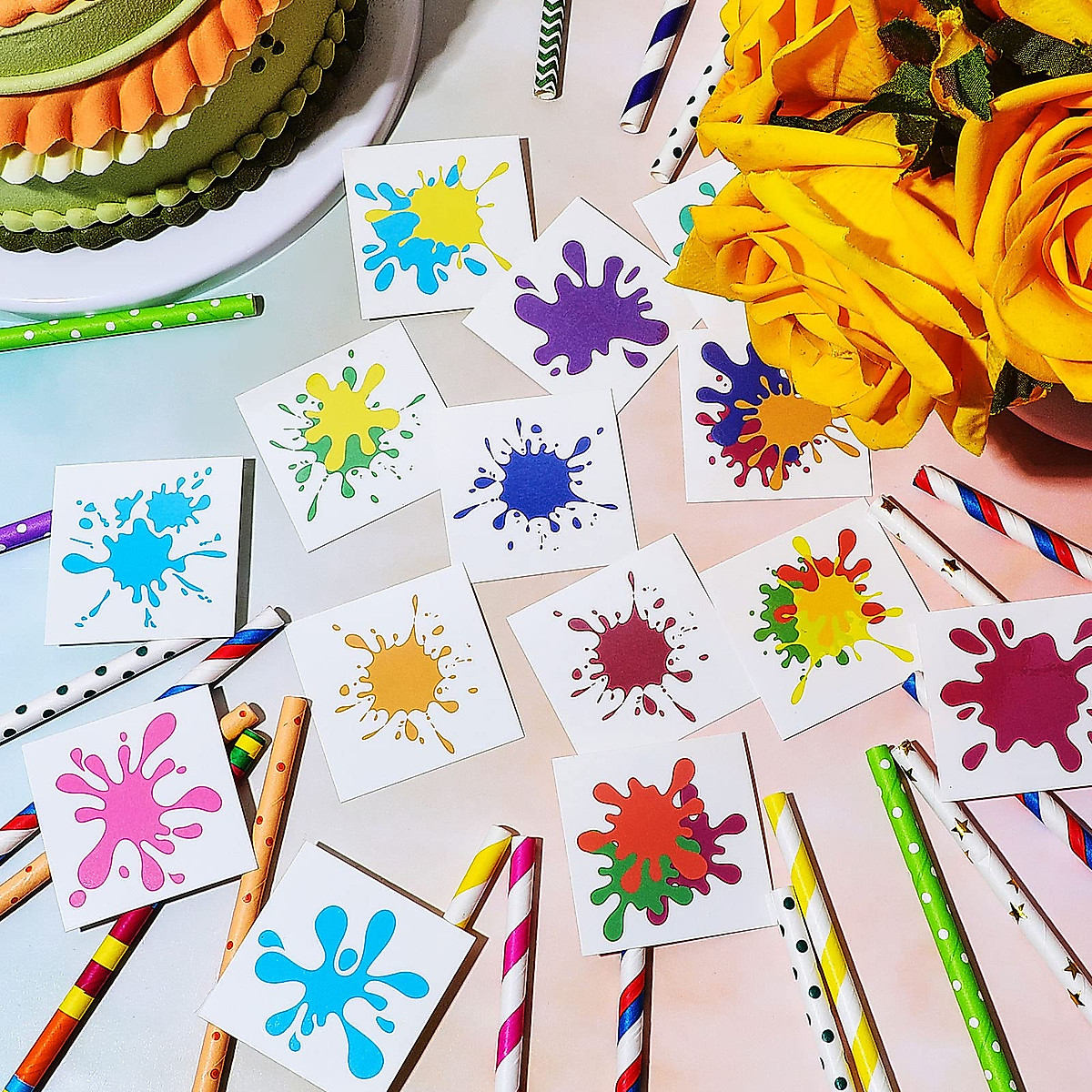 144 Pieces Artist Party Paint Splash Tattoos Artist Paint Temporary Tattoos for Art Paint Party Favors Creative Birthday Party Decoration Supplies Apparel Accessories