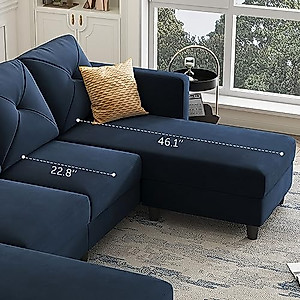 HONBAY Velvet Sectional Sofa with Chaise U Shaped Sectional Couch 4 Seat Sofa for Living Room, Dark Blue