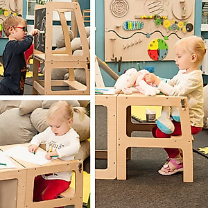 Foldable Montessori Helper Tower - Table and Chair with Blackboard All-In-One, Foldable Helper Tower for Toddlers (Natural Lacquered)