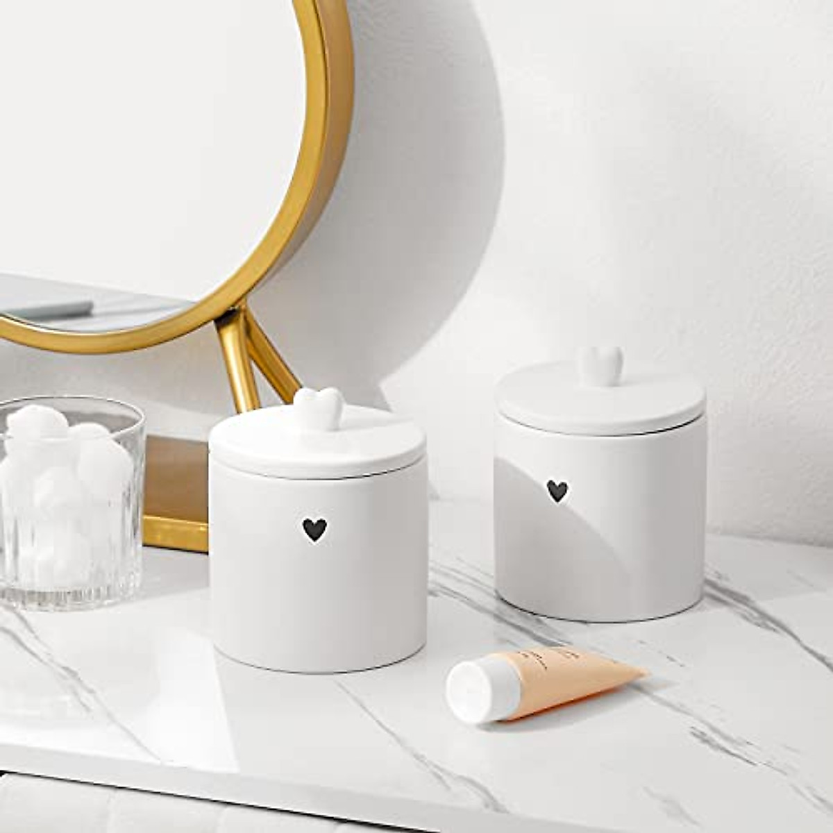 Heagoale 2 Pack Qtip Holder Dispenser Ceramic Apothecary Jars with Lids Set Cute Bathroom Decor Storage Containers for Cotton Ball, Cotton Swab, Cotton Pad, Floss, Cream