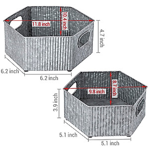 MyGift Rustic Corrugated Galvanized Silver Tone Metal Hexagonal Decorative Baskets, Home Storage Organizer Bins with Nesting Design and Cutout Handles, 2 Piece Set