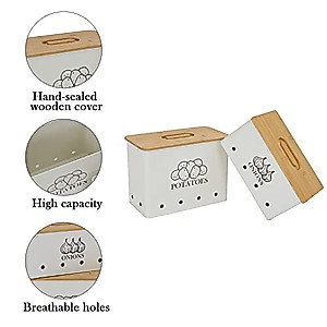 Xbopetda Potato Onion Storage Box, Food Container Sets, Storage Canisters for Vegeatables, Set of 2 Jars Pots Containers, Potato & Onion Bin with Aerating Tin Storage Holes & Bamboo Lid-White