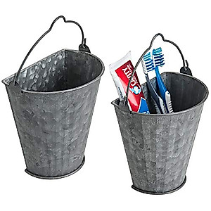 MyGift Wall Mounted Rustic Galvanized Metal Bathroom Toothbrush Holder Toothpaste Holder Bins, Mini Decorative Toiletries and Accessories Storage Buckets, Set of 2