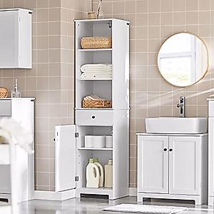 SoBuy Floor Standing Tall Bathroom Storage Cabinet with Shelves and Drawers, Linen Tower Bath Cabinet, Anti-Tipping Multifunctional Corner Unit, White BZR17-W