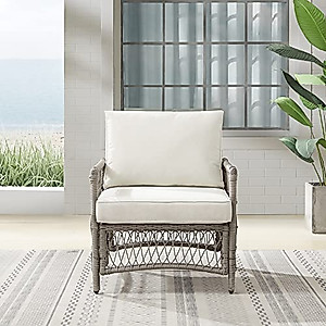 Crosley Furniture Thatcher Wicker Outdoor Chair for Porch, Deck, Backyard, Driftwood with Creme Cushions
