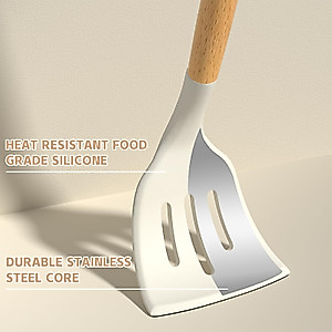 Umite Chef Kitchen Cooking Utensils Set, 33 pcs Non-stick Silicone Cooking Kitchen Utensils Spatula Set with Holder, Wooden Handle Silicone Kitchen Gadgets Utensil Set (Cream White)