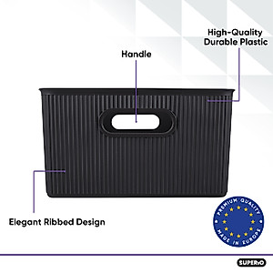 Superio Ribbed Collection - Decorative Plastic Lidded Home Storage Bins Organizer Baskets, Large Brown (1 Pack - 15 Liter) Stackable Container Box, for Organizing Closet Shelves Drawer Shelf