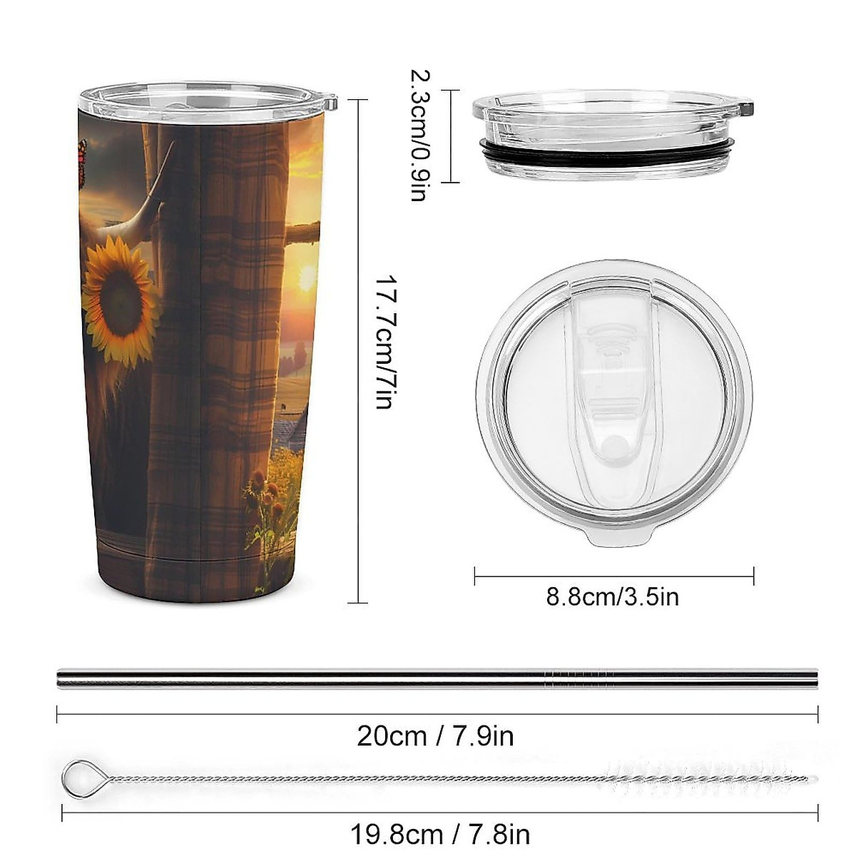 Highland Cow From Window Sunflower Sunset 20 Oz Tumbler with Straw Lid Insulated Travel Coffee Mug Large Capacity Car Cup