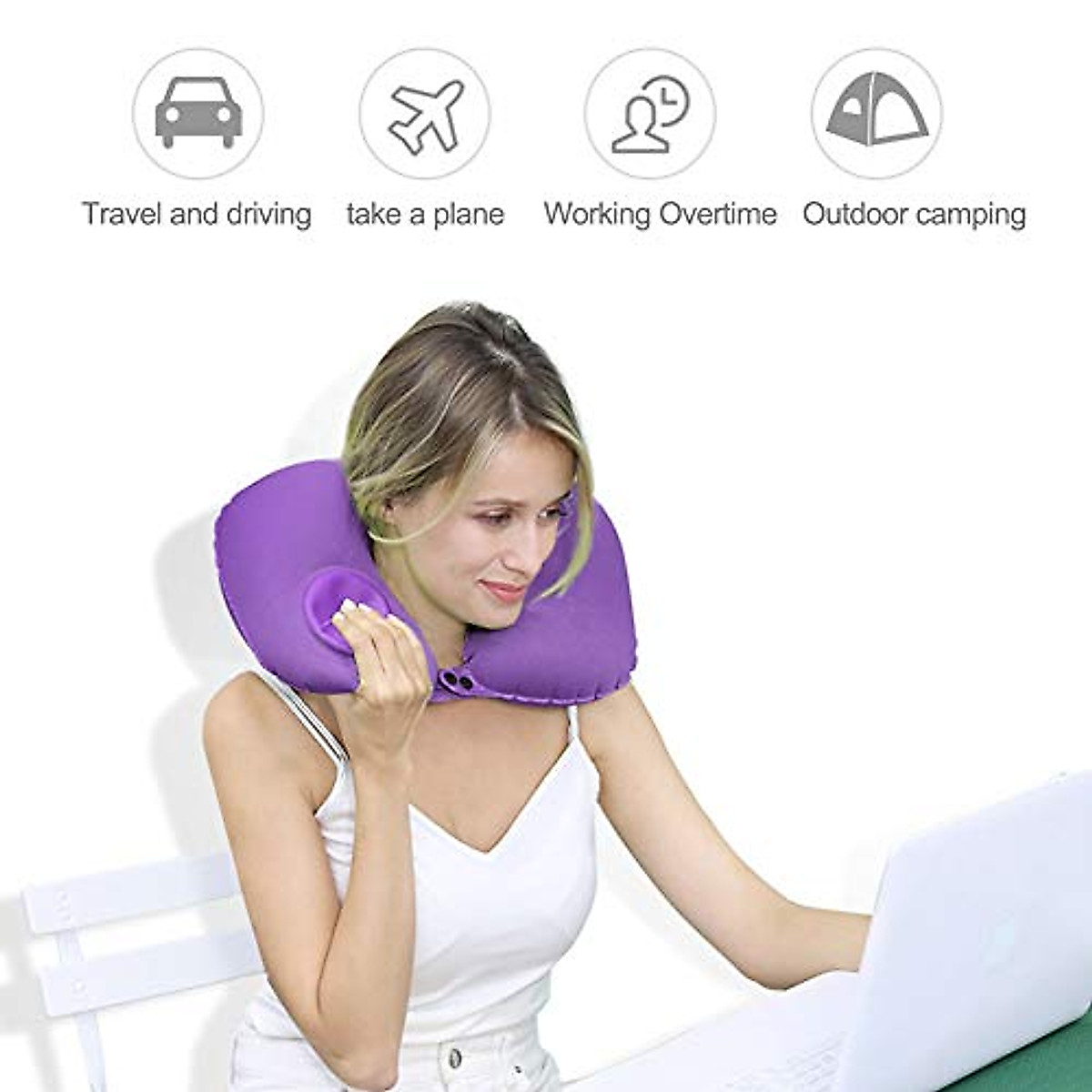 oAutoSjy Inflatable Neck Pillow Car U-Shaped Inflatable Headrest Foldable Travel Air Pillow for Airplanes Portable Head Neck Support Pillow Camping Pillow for Sleeping Headrest Cushion for Office Home