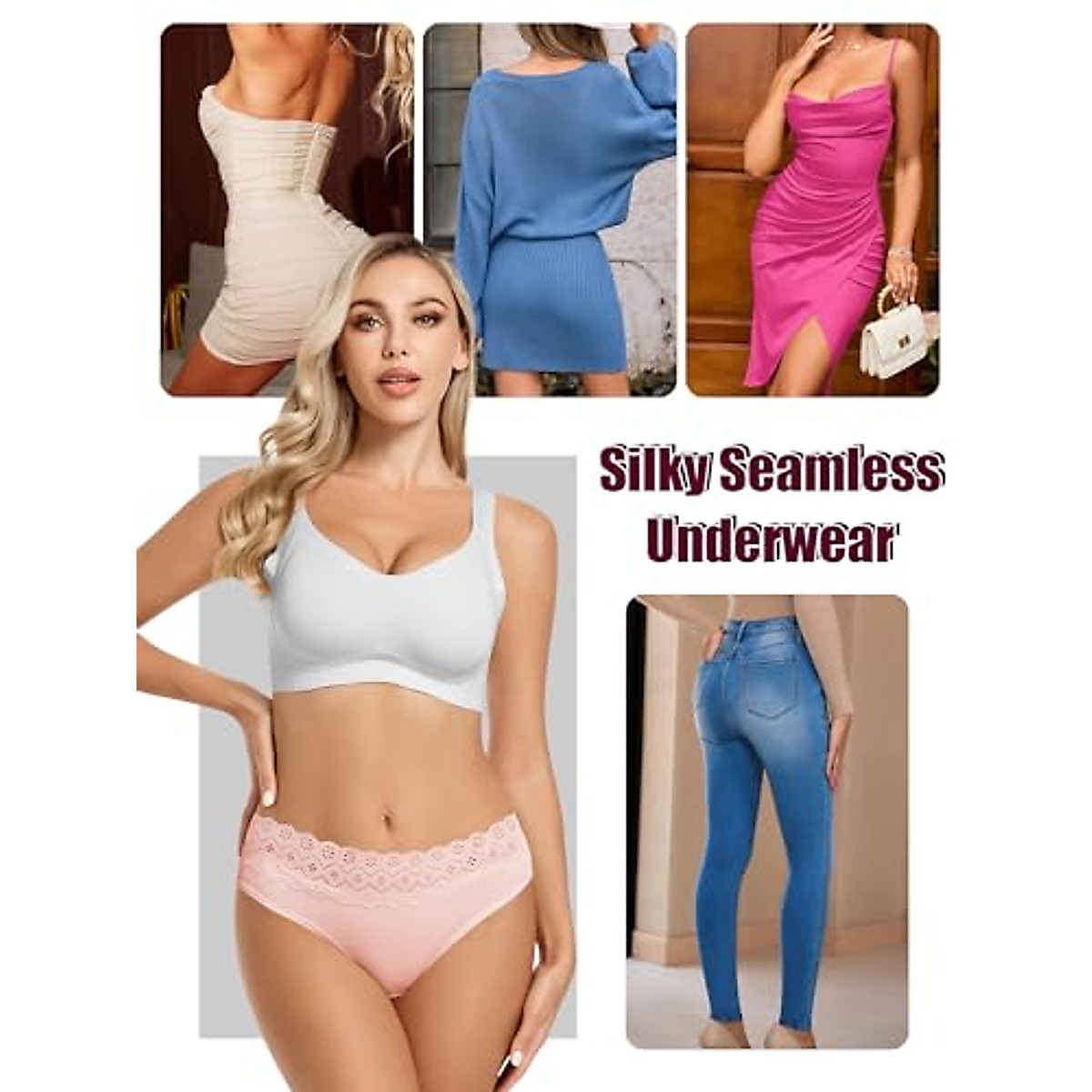 MEIYATING Women’s Panties Lace Low Rise Sexy Hipster Bikini Underwear Seamless Cute Stretch Silky Pack(Multicolor,XL)