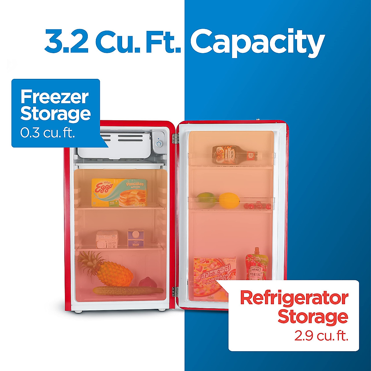 Commercial Cool CCRR32HR 3.2 Cu. Ft Freezer, Vintage Style Refrigerator, with Slide-Out Glass Shelves & Tall Bottle Storage, Retro Fridge, Red