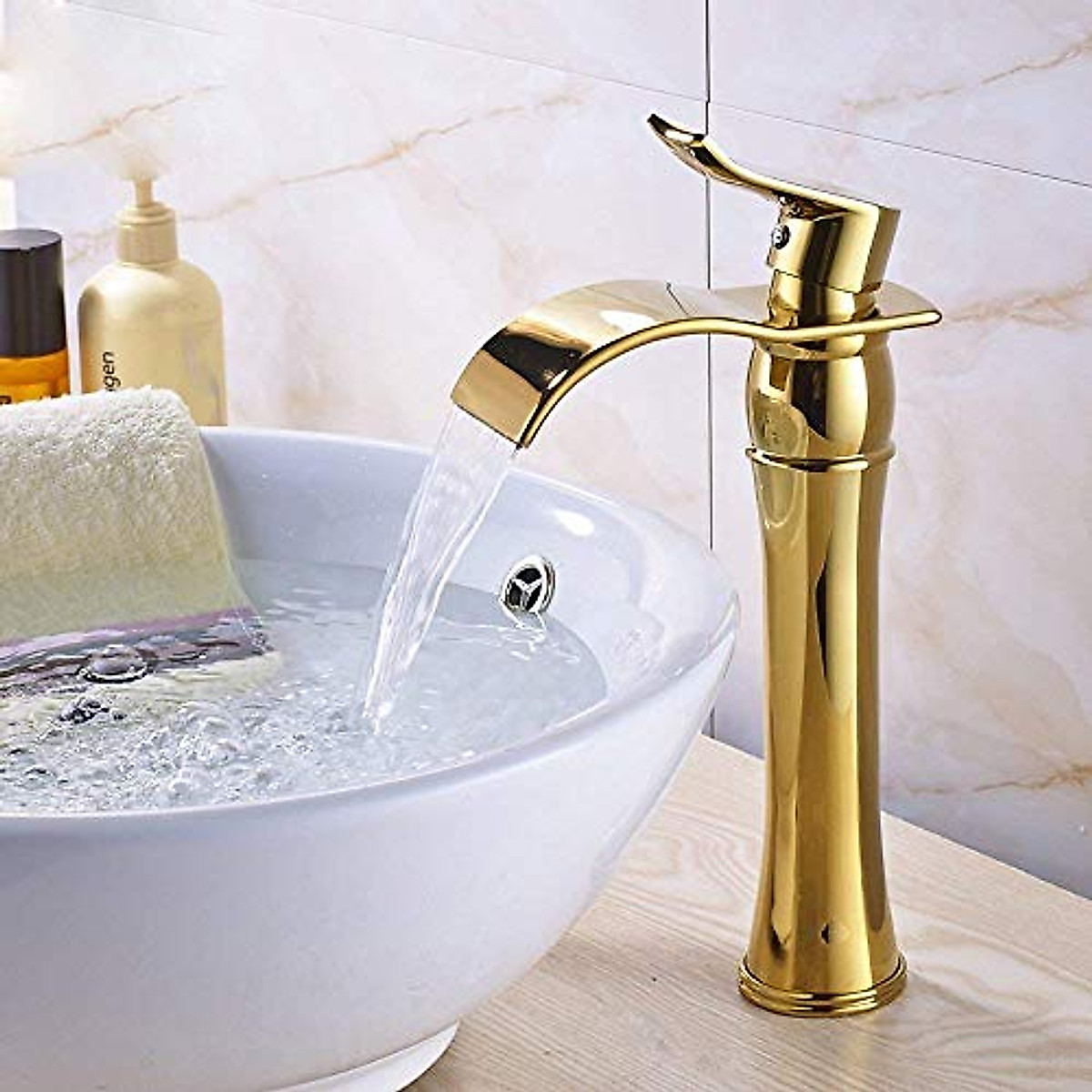 GGStudy Single Handle One Hole Bathroom Vessel Sink Faucet Matching Pop Up Drain Without Overflow Gold Finish