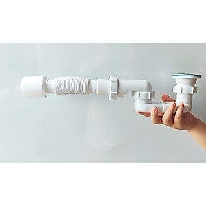 Bath Shower Drain Low Profile p Trap 1 1/2" Bath Flat Trap Kit for Acrylic bathtubs(Waste, Plastic Flexible Pipe + Trap)