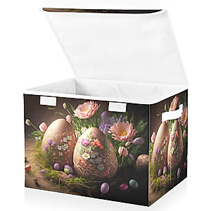 NFMILI Storage Bins (Decorated Eggs Birds) with Lid And Handles, Foldable Storage Basket Large Capacity Household Cube for Organizing Clothes Books Pantry 16.5×12.6×11.8 INCH